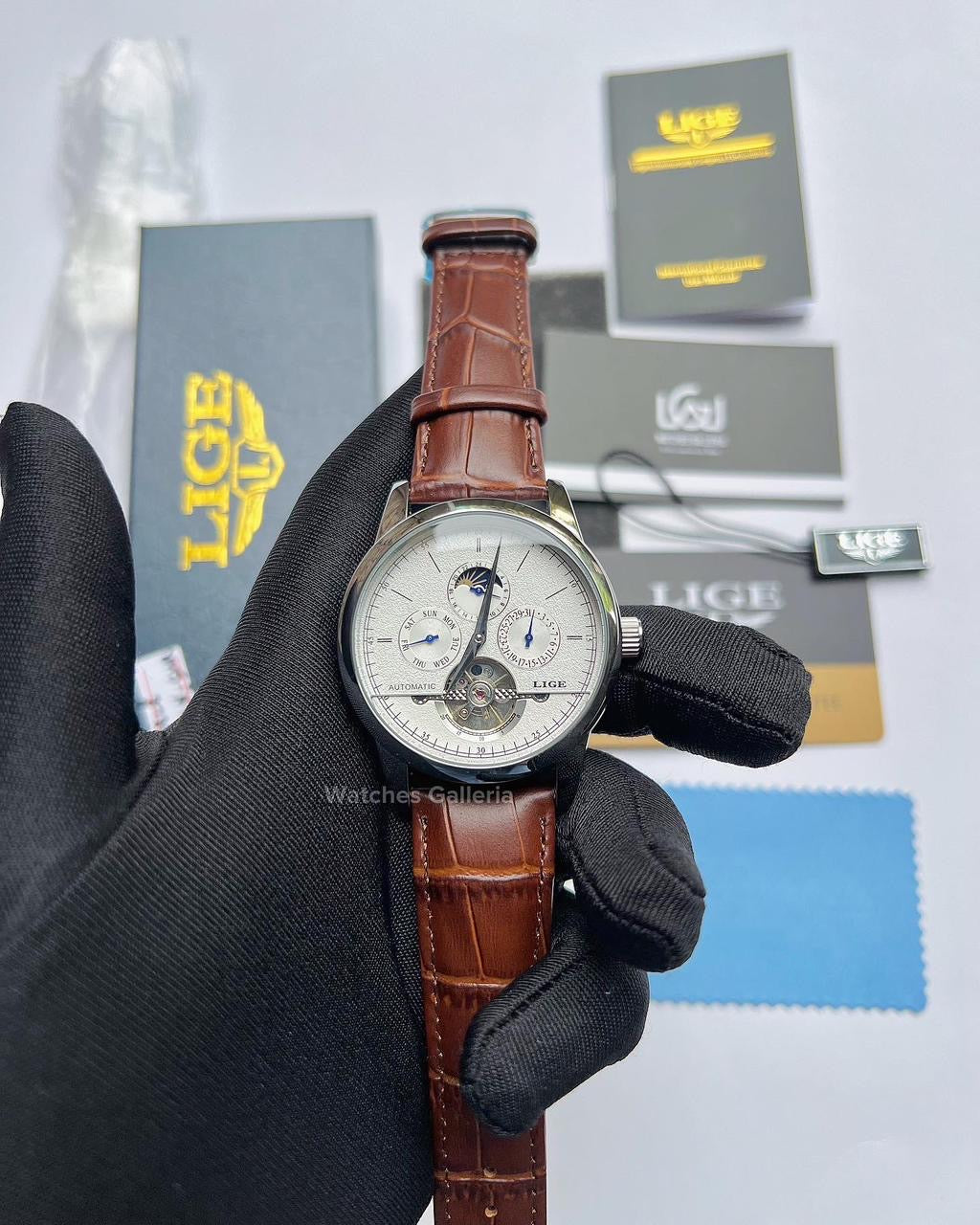 Lige Moonphase Automatic (Brown Silver) LIGE6828 – Watches Galleria